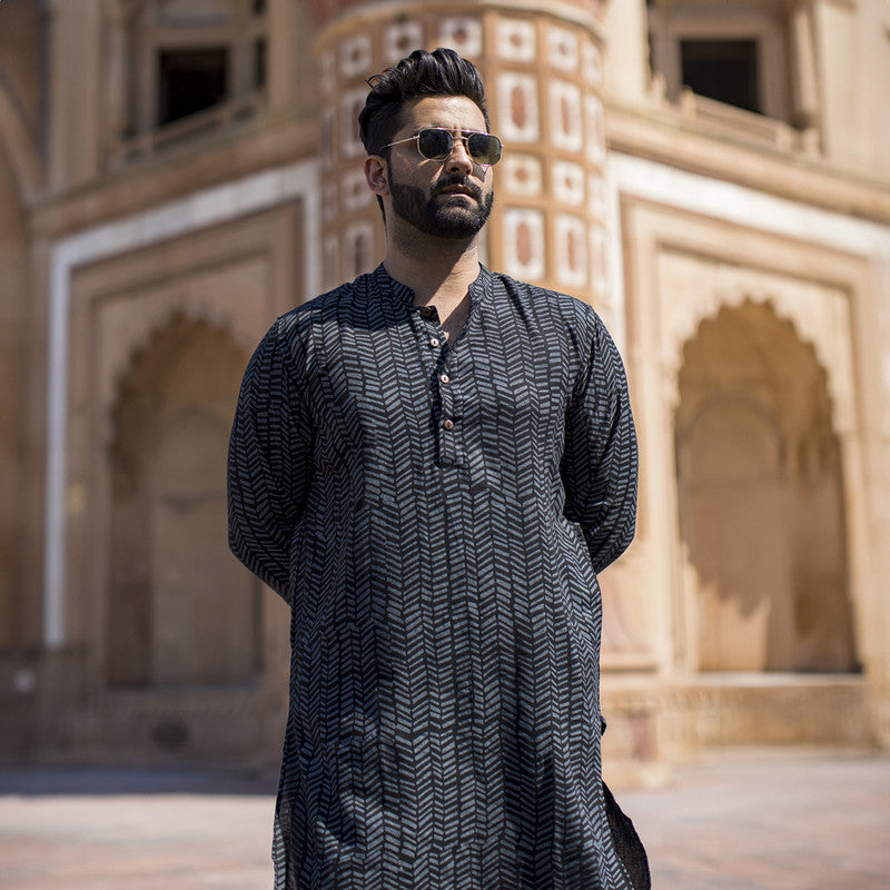 Delisted Brand-Black Cotton Kurta for Men | Handblock Printed