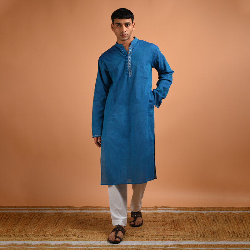 Delisted Brand-Cotton Hand Embroidered Kurta | Blue
